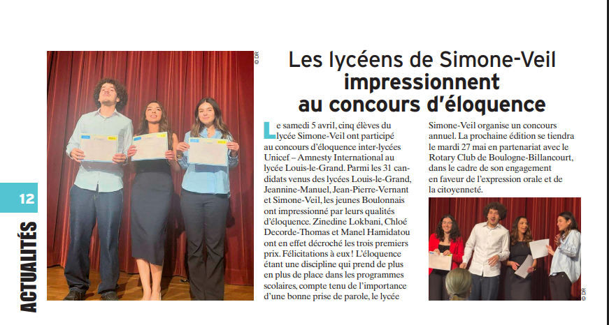 "Les Lycéens de Simone Veil impressionnent au concours d'éloquence" - Lycée Simone Veil